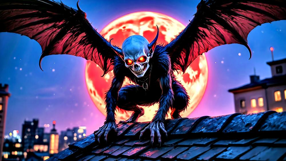 Demonic Rooftop Guardian Under Blood Moon - backiee