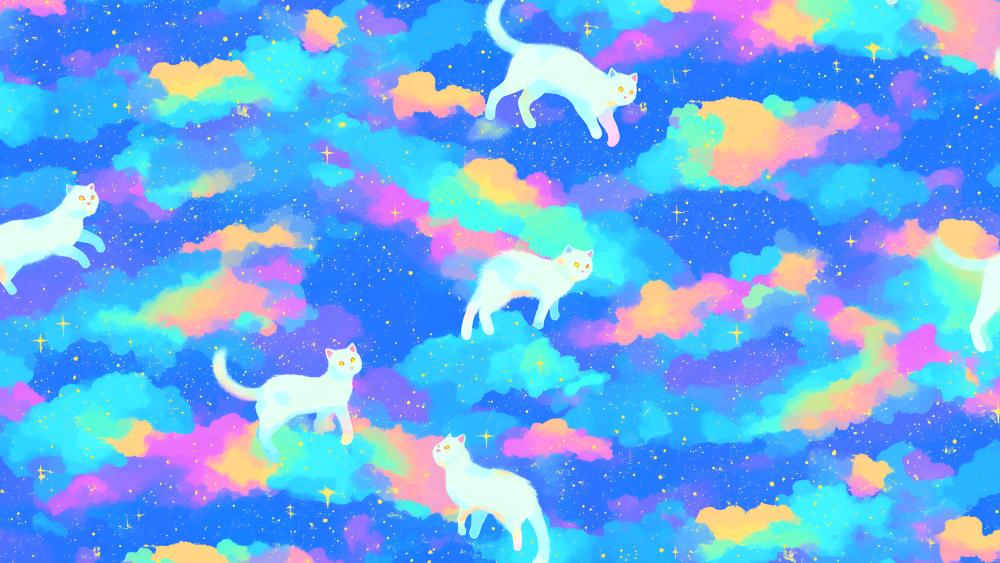 Pastel Dreams: Kawaii White Cats in Colorful Cloudscape - backiee