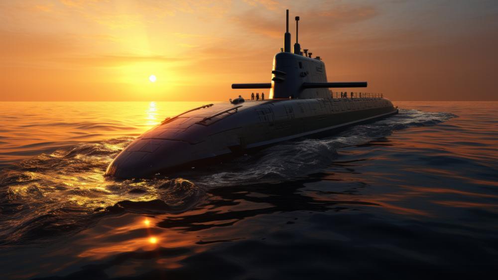 Submarine at Sunset: Majestic Naval Voyage - backiee
