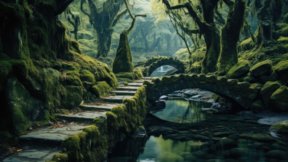 Mossy Forest Dreamscape with Stone Bridges - backiee