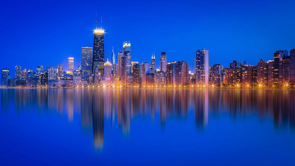 Chicago Skyline at Night Reflected in Lake Michigan - backiee