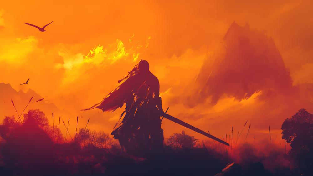 Warrior's Silhouette Amidst Fiery Sunset - backiee