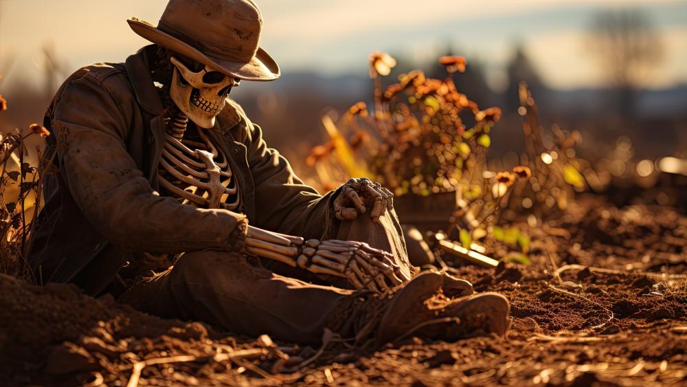 Creepy Skeleton in a Sunlit Field - backiee