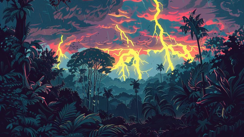 Vibrant Jungle with Lightning Strikes - backiee