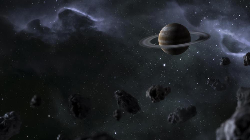 Ringed Planet Amidst Asteroid Chaos - backiee