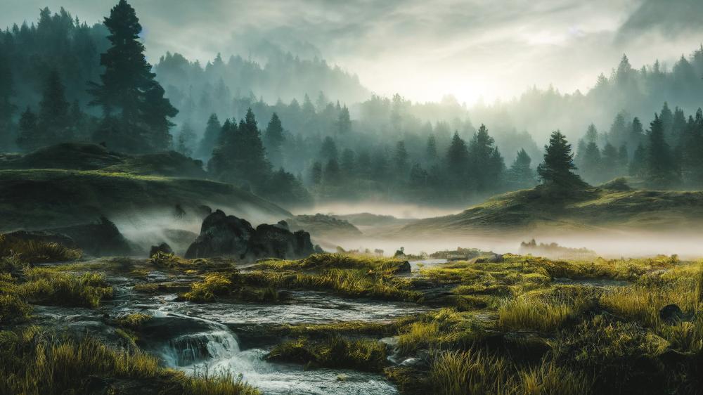 Misty Forest Wilderness at Dawn - backiee