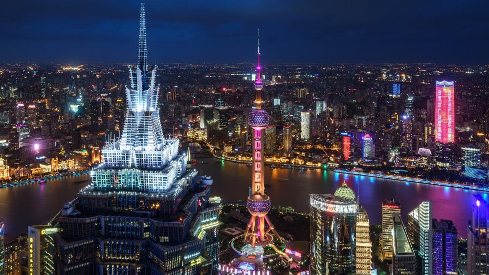 Shanghai Skyline Shimmering at Nighttime - backiee