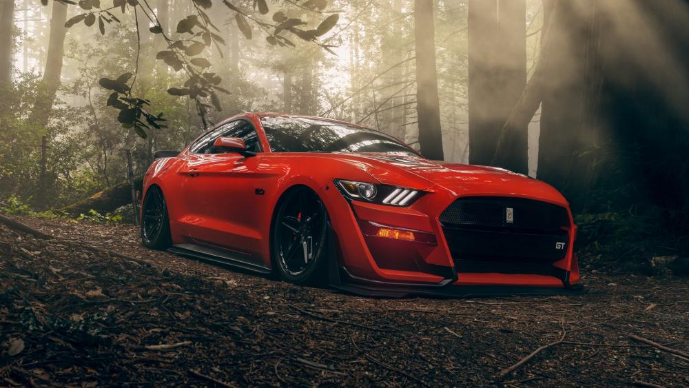 Stunning Red Mustang in a Mystical Forest Scene - backiee