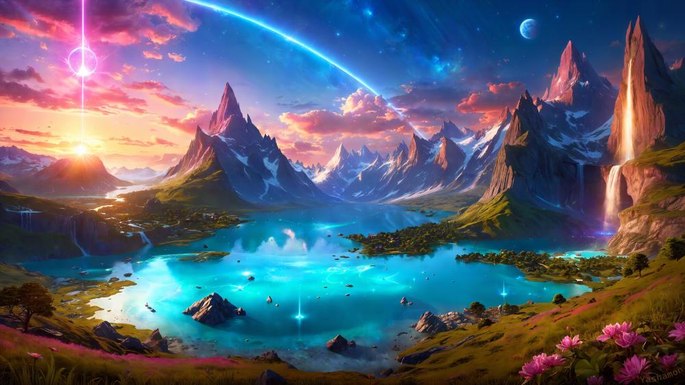 Mystical Alien Lake Beneath Neon Skies and Crystal Mountains - backiee