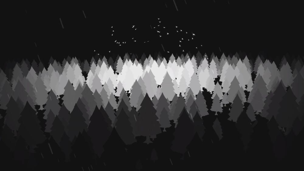 Midnight Monochrome Forest with Falling Rain and Distant Birds - backiee