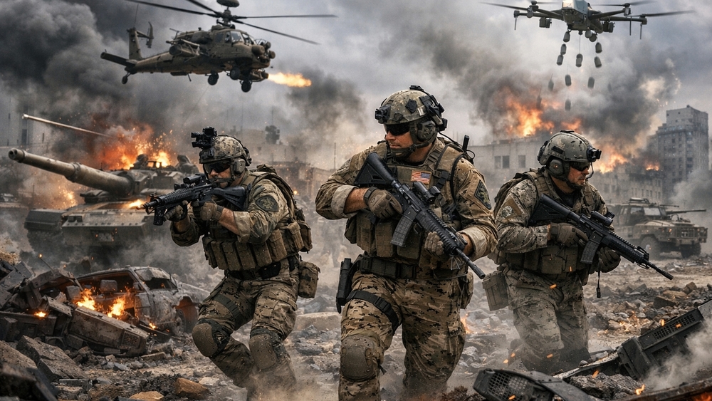 Helicopter Assault Infantry Advancing Through Urban Battlefield Smoke ...