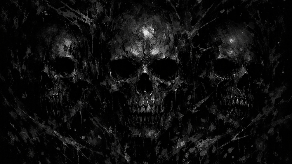 Monochrome Skull Trinity in Dark Fantasy Shadows - backiee