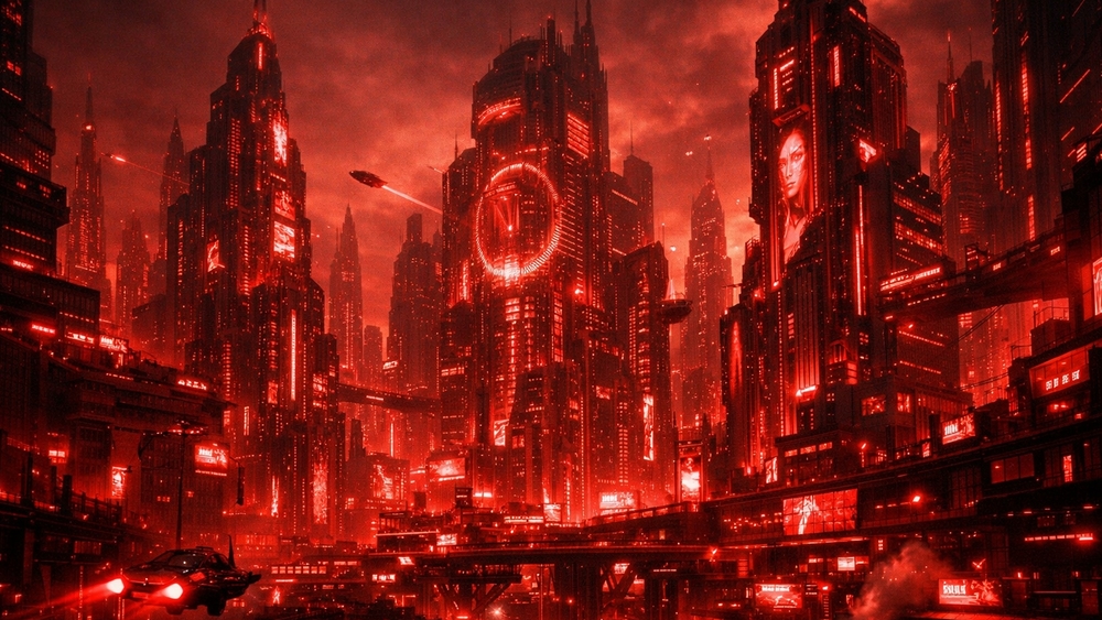 Crimson Neon Megapolis Rising Under Stormlit Skies - backiee