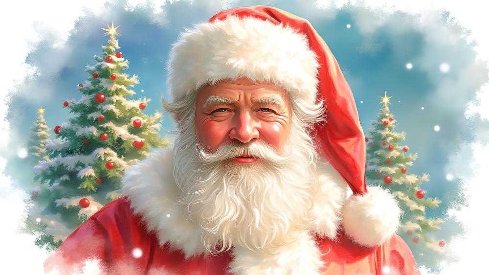 Vintage Santa Portrait in Snowy Christmas Forest 4K Wallpaper - backiee