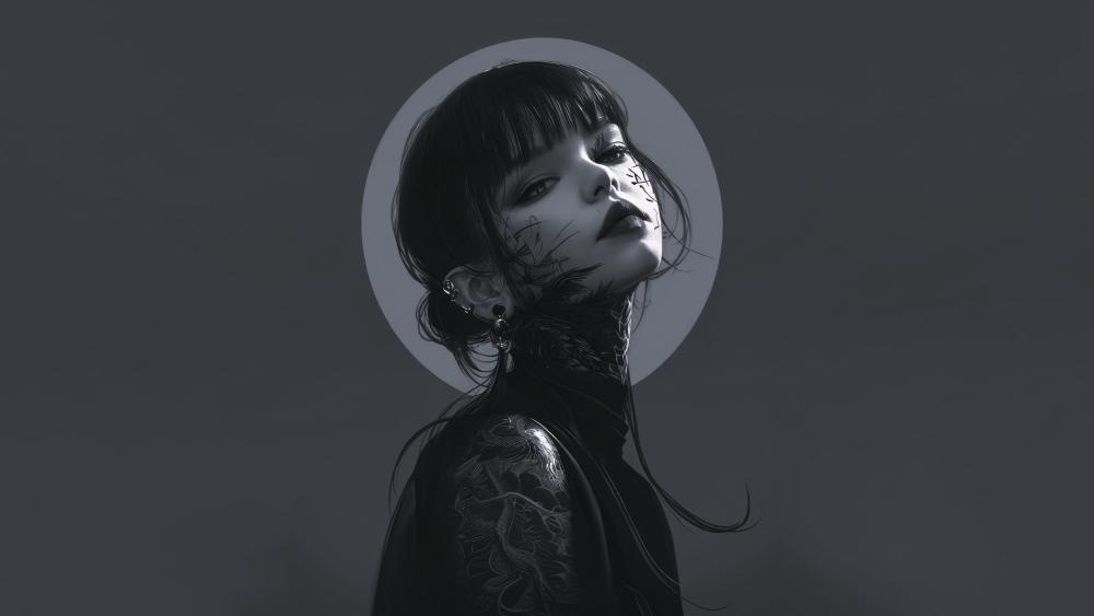 Monochrome Gothic Anime Girl with Tattoos in Shadowed Elegance - backiee