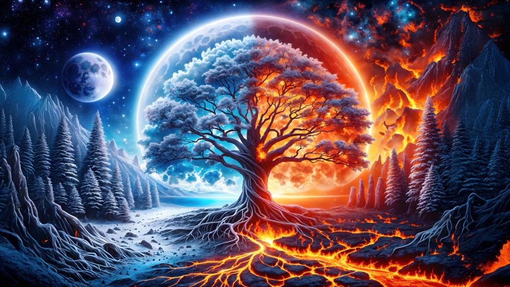 Tree of Life Between Frost and Flame Under Twin Moons - backiee
