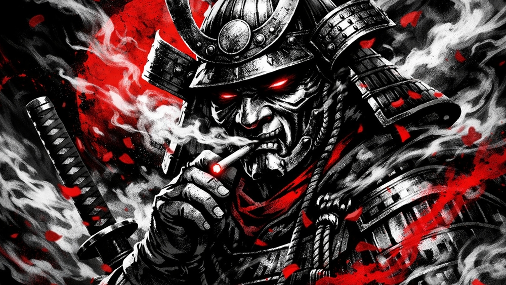Crimson Smoke Samurai Warrior in Shadowed Steel - backiee