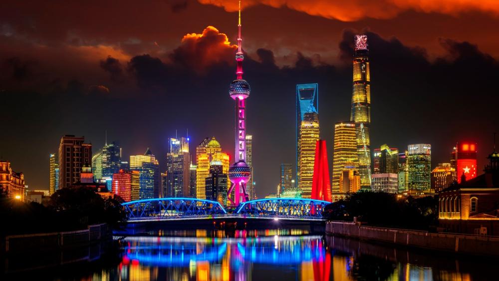 Neon Nights Over Pudong Shanghai Skyline and Oriental Pearl Tower - backiee
