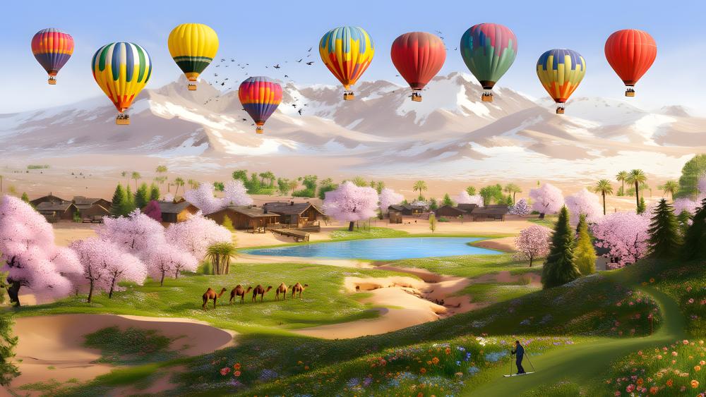 Spring Balloon Festival Over a Surreal Blossom Valley Sky - backiee