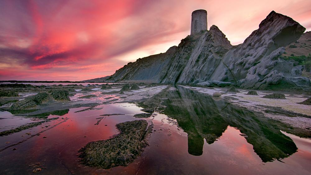Sunset Reflections at Torre Del Guadalmesi Coastline in Cádiz Spain ...