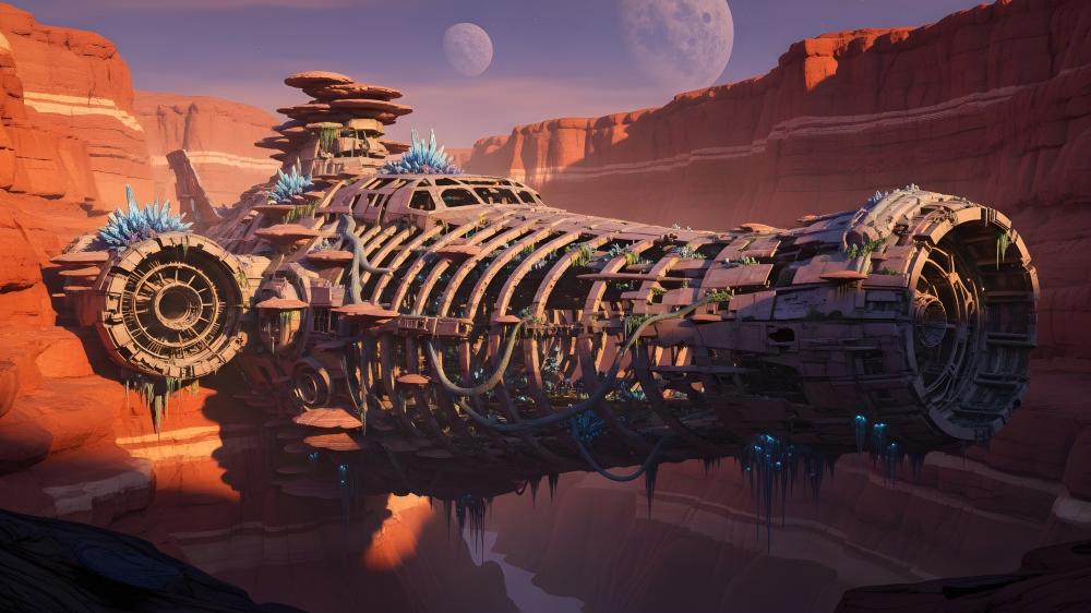 Derelict Starship Oasis Suspended Above Crimson Alien Canyon - backiee
