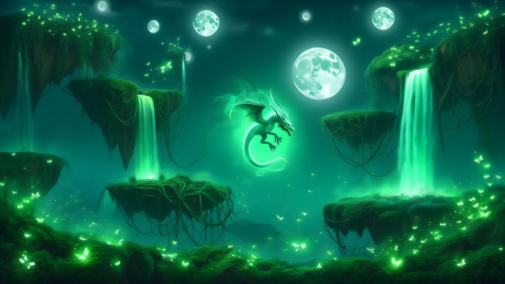 Moonlit Emerald Dragon Above Floating Waterfalls - backiee