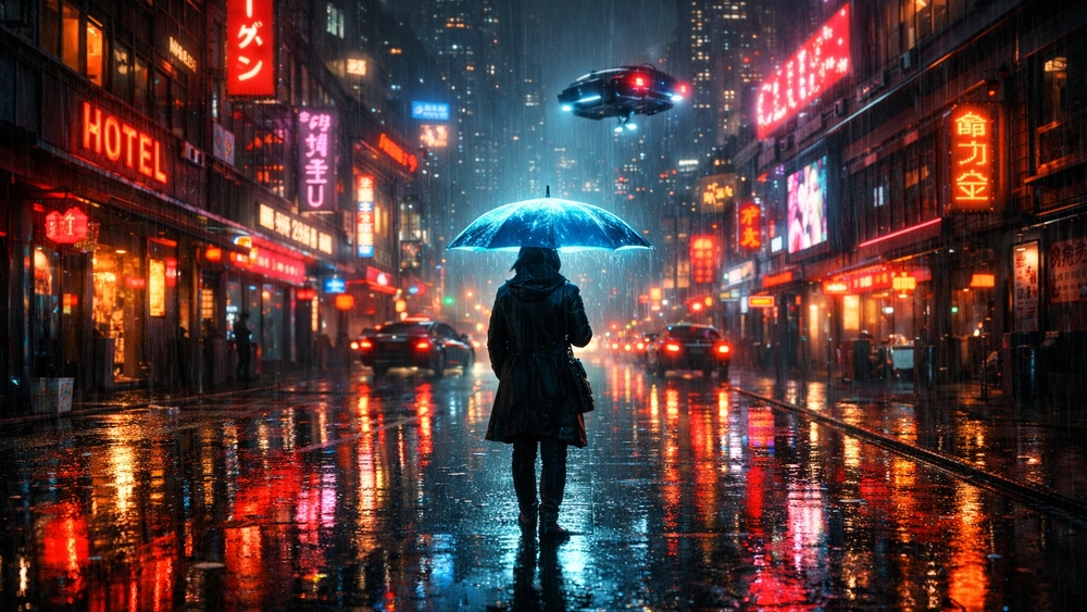 Neon Rainfall Under a Glowing Umbrella in Cyberpunk Night City - backiee