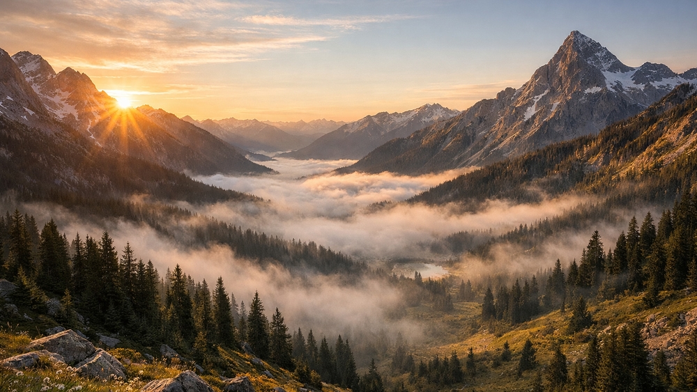 Sunrise Over Misty Mountain Ridge and Evergreen Valley - backiee
