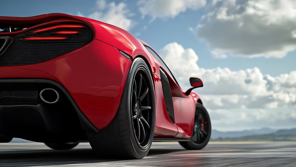 Scarlet Supercar Rear Angle Under Dramatic Sky 4K AI Art - backiee