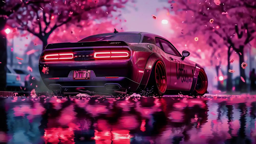 Neon Sakura Night Drive Dodge SRT Reflected in Rainy Street Puddles ...