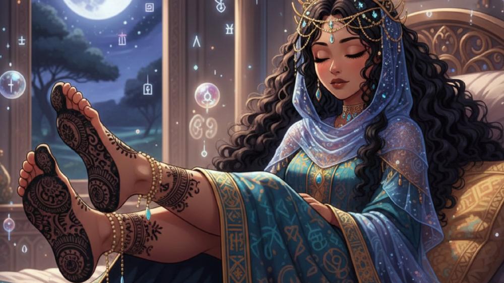 Moonlit Henna Dreamer with Flowing Hair and Mystic Glamour - backiee