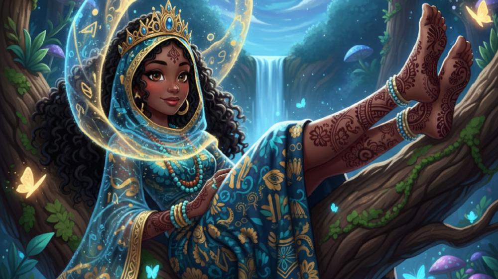 Enchanted Forest Princess with Henna Tattoos and Flowing Long Hair ...