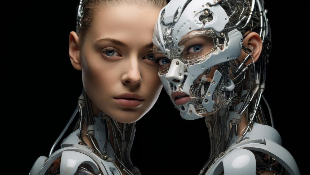 Human and Humanoid Robot Fusion in Sleek AI Portrait Art - backiee