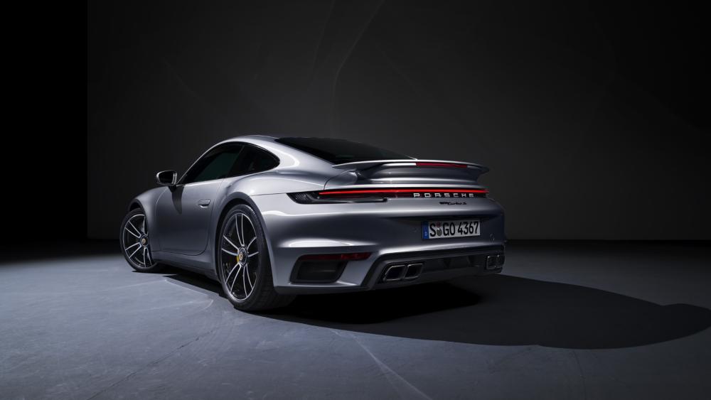 Silver Porsche 911 Turbo 992 Rear View Studio Wallpaper - backiee