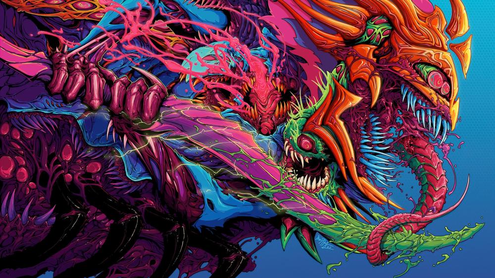 Neon Hyperbeast Dragon Surge in Psychedelic Modern Abstract Art - backiee