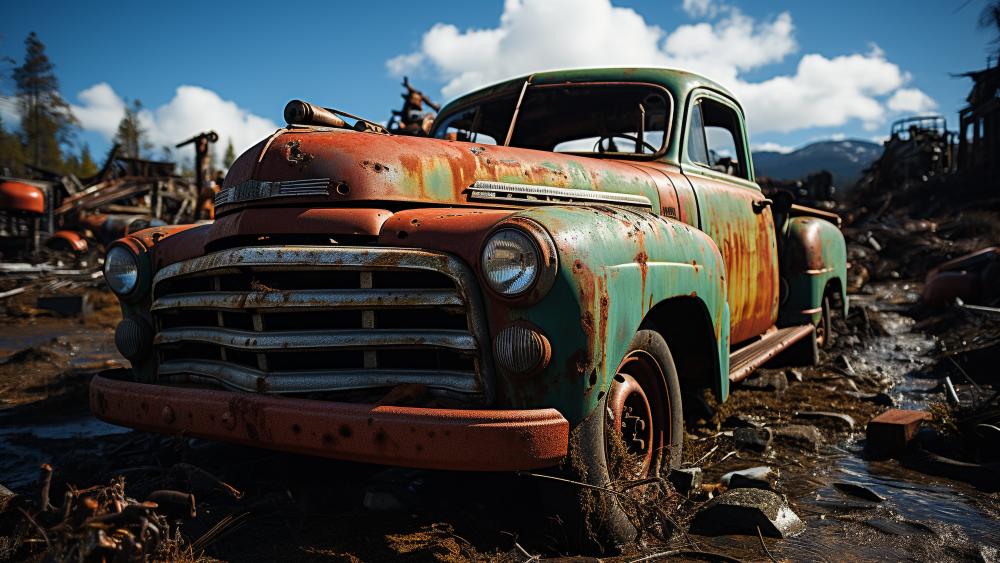 Rusty Vintage Pickup in Forgotten Junkyard Under Crisp Blue Skies - backiee