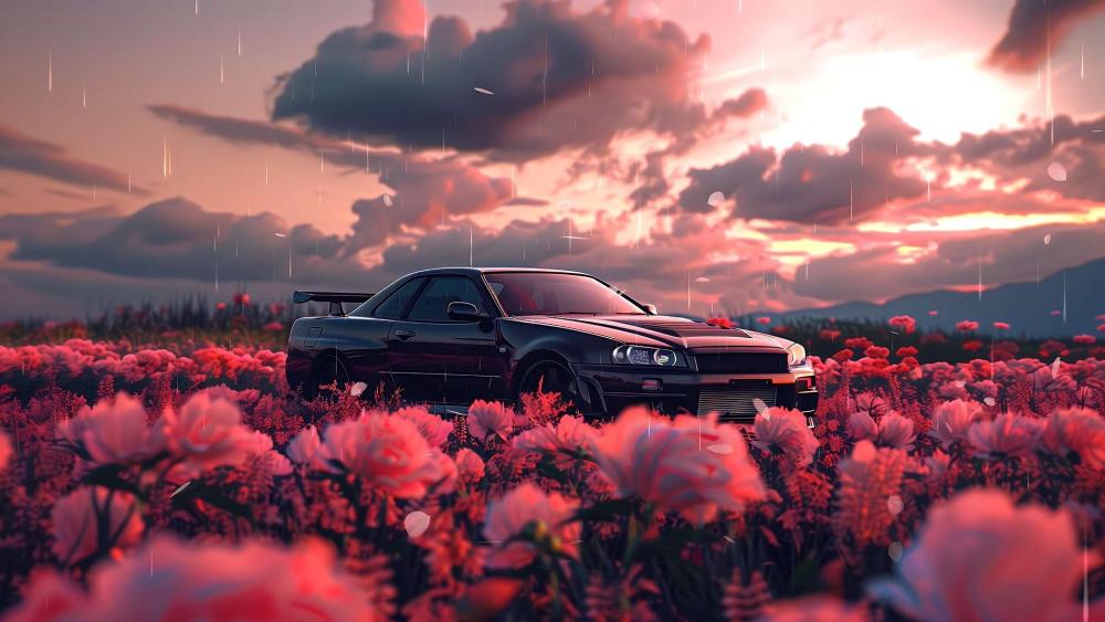 Nissan Skyline GT-R R34 in Pink Blossom Rain at Sunset - backiee