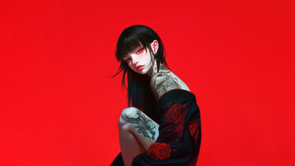 Crimson Gaze Tattooed Anime Girl on Minimal Red Background - backiee