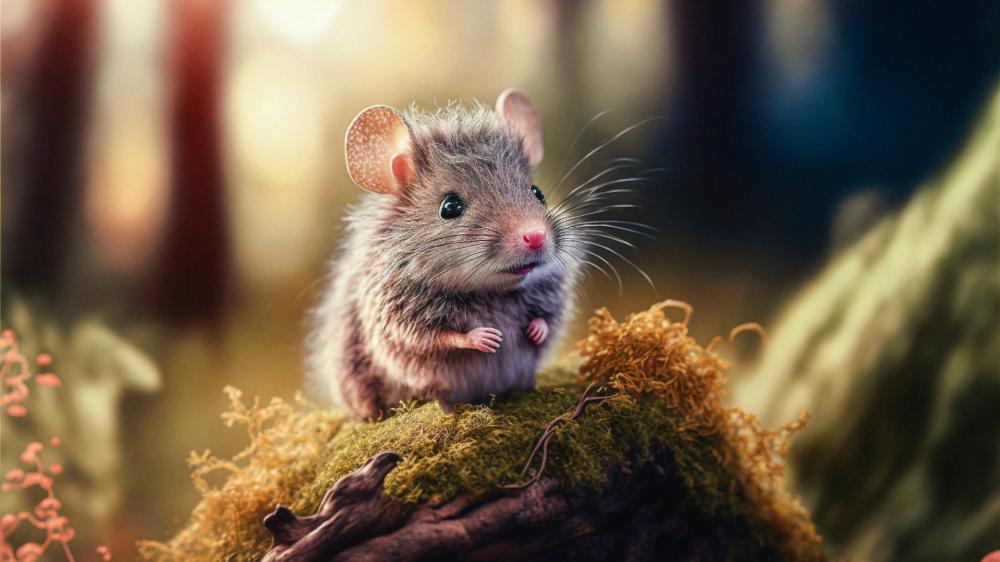 Adorable Forest Mouse on Mossy Log in Soft Golden Light - backiee