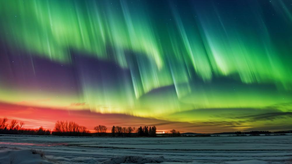 Dancing Aurora Borealis Over a Quiet Winter Horizon at Dusk - backiee