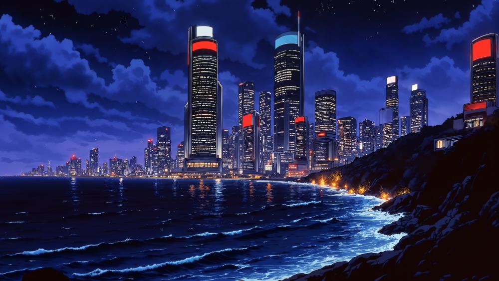 Neon Seaside Skyline Under Starry Anime Night - backiee