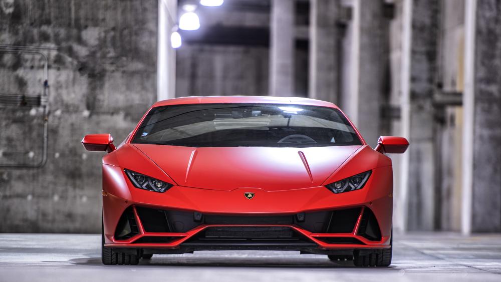 Red Lamborghini Huracan EVO Front View in Industrial Garage 4K - backiee