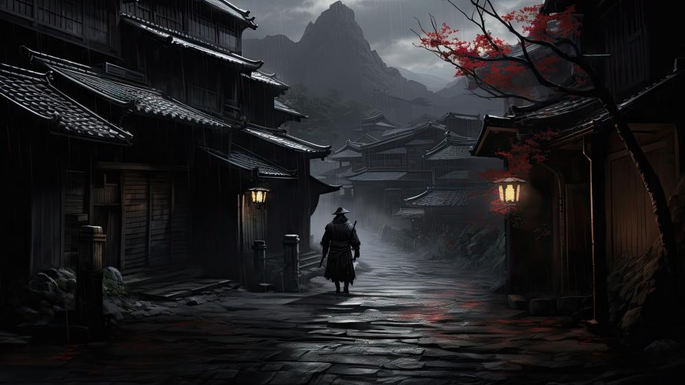 Lone Ninja Wanderer Through Rainlit Oriental Streets at Dusk - backiee