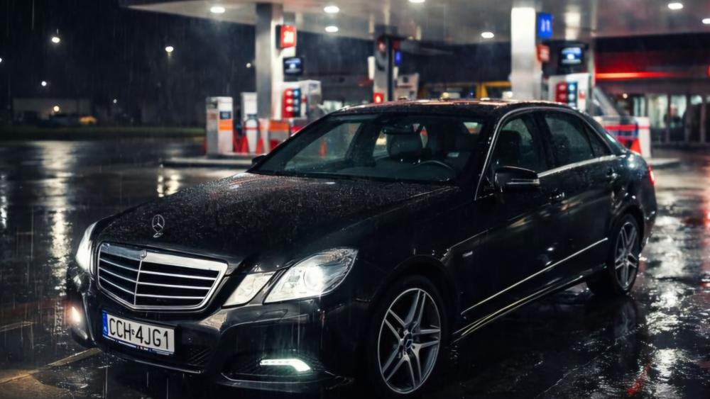 Midnight Mercedes Benz Sedan in Rainy Gas Station Glow - backiee