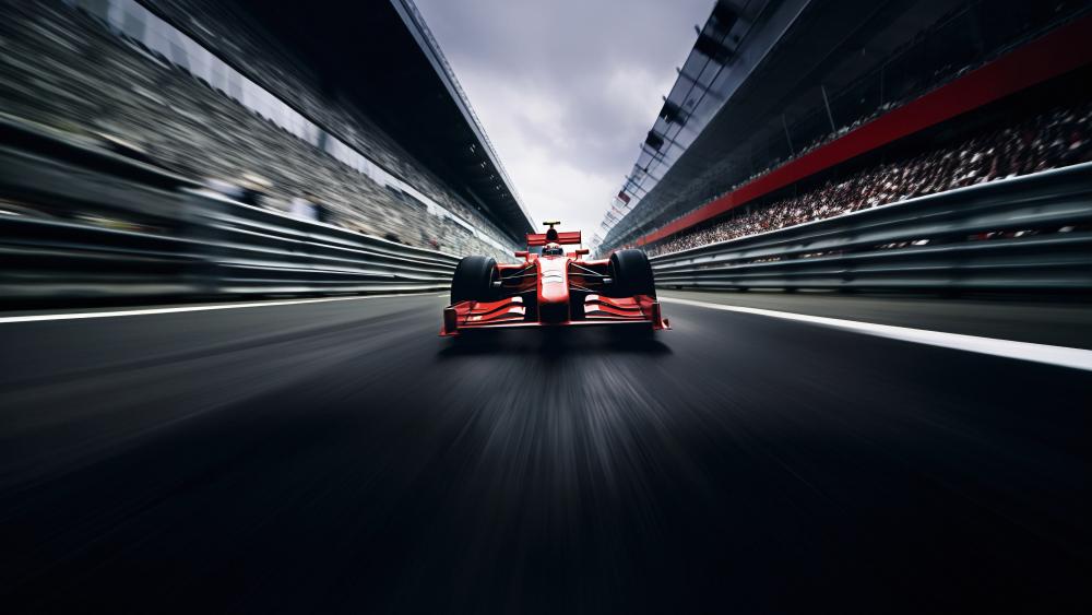 Red Formula One Car Blazing Through a Stadium Straight - backiee