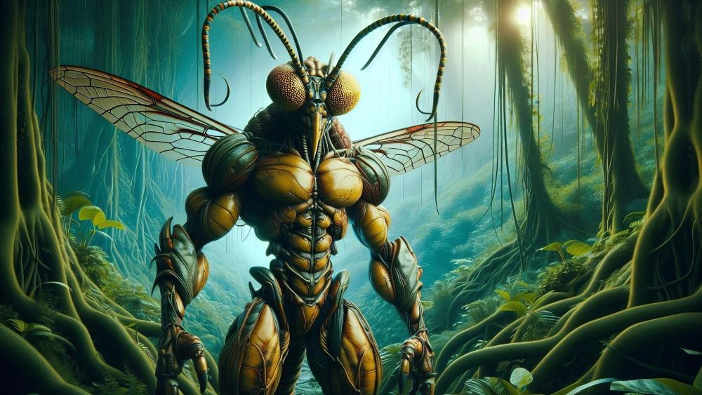 Biomechanical Insect Humanoid Amid Enchanted Rainforest Vines - backiee