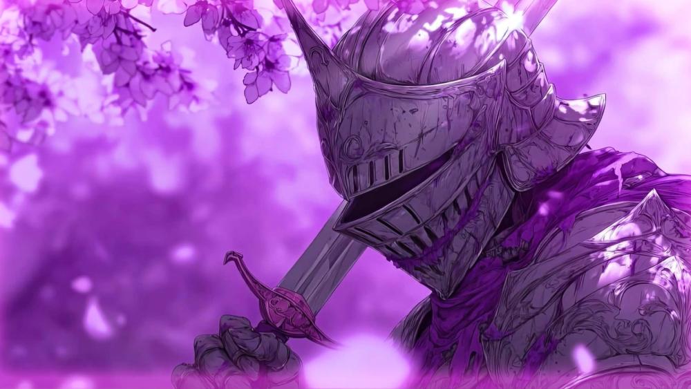 Violet Blossom Knight in Mystic Armor Beneath Enchanted Skies - backiee