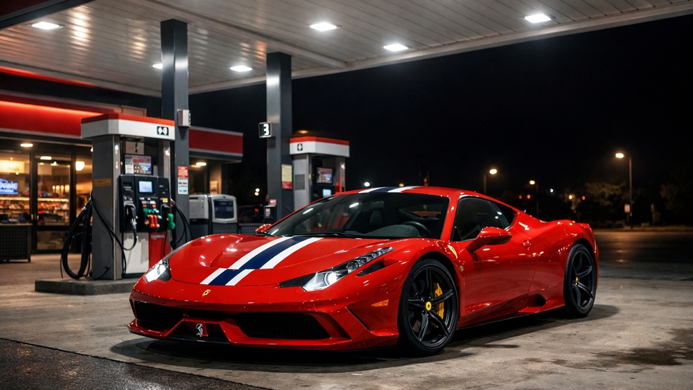 Ferrari 458 Stradale Night Stop at Neon Gas Station - backiee