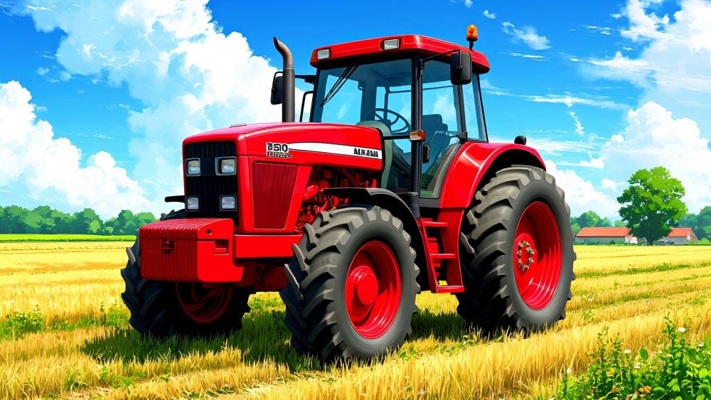 Crimson Anime Tractor Rolling Through Golden Harvest Fields - backiee