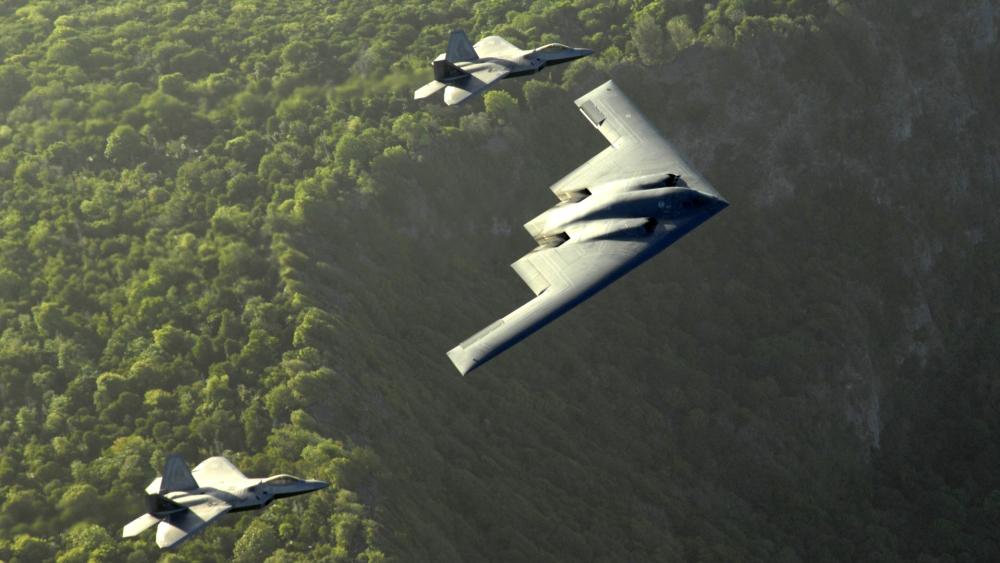 Stealth Bomber Over Forest Terrain - backiee